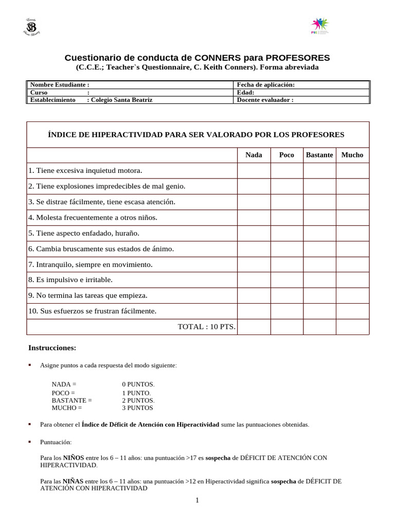 Test Conners. | PDF | Desorden hiperactivo y deficit de atencion
