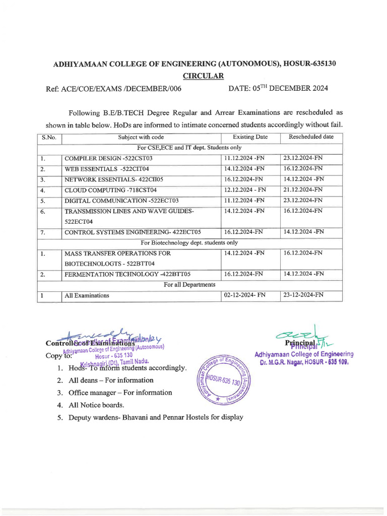 Rescheduled Exam Timetable Dec 2024 | PDF