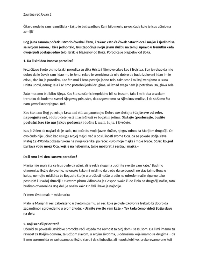 Jovanovo Evanđelje 2. Glava Poruka | PDF
