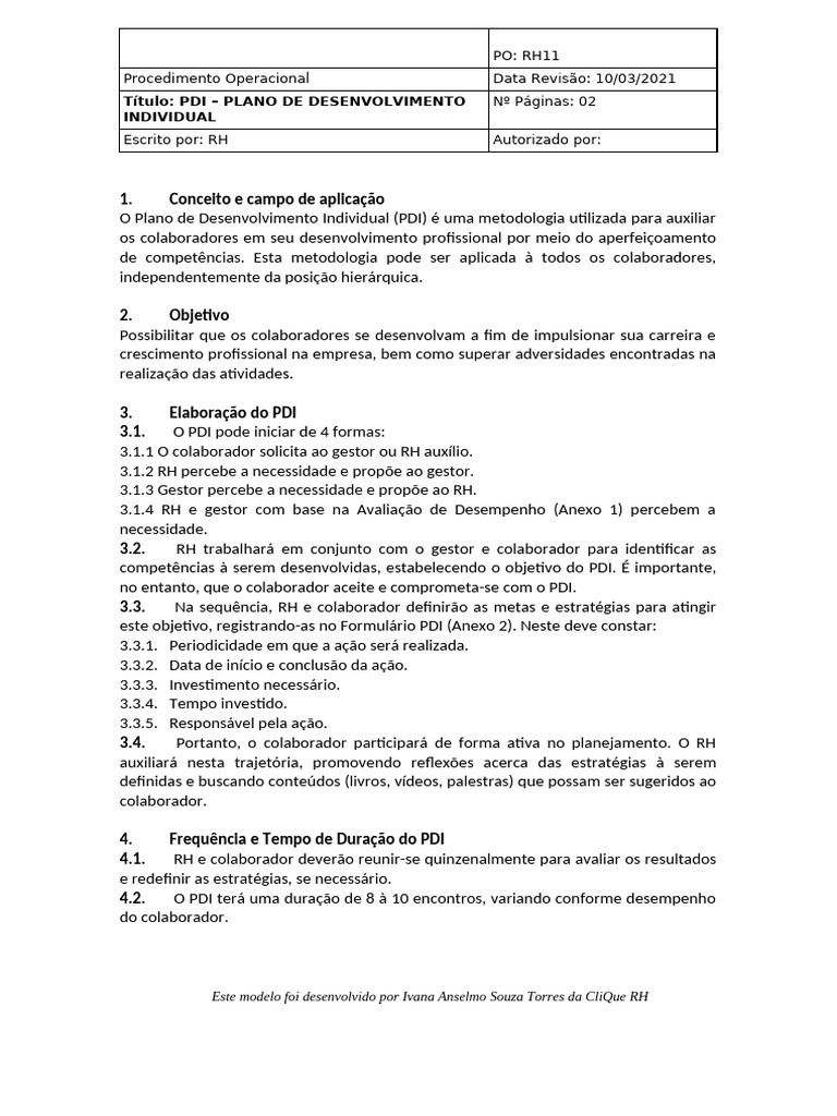 22 Modelo Procedimento PDI | PDF | Gestão de recursos humanos | Business