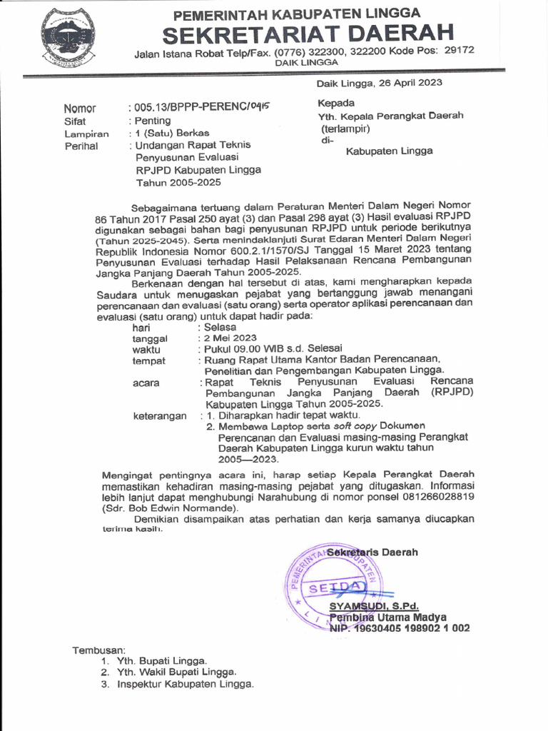 Undangan Rapat Teknis Penyusunan Evaluasi RPJPD Kab. Lingga 2005-2025 | PDF