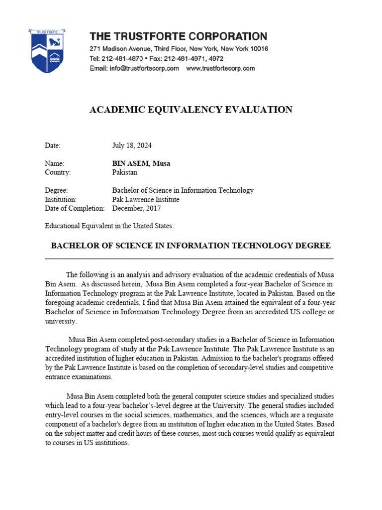 ACADEMIC EQUIVALENCY EVALUATION VU aa | PDF | Academic Degree ...