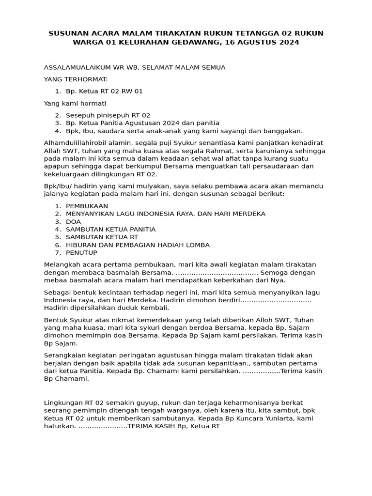 Susunan Acara Tirakatan RT 02 Gedawang | PDF