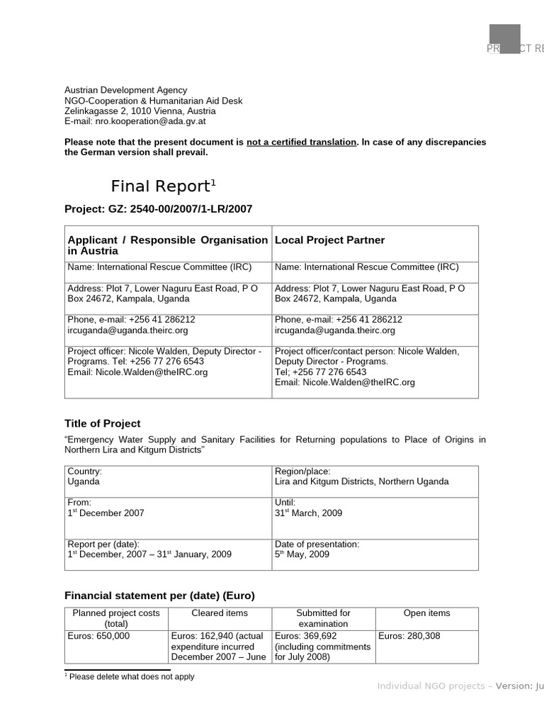 IRC Final Narrative Report | PDF | Sanitation | Borehole
