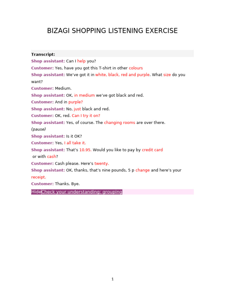 Shopping Listening Exercise | PDF