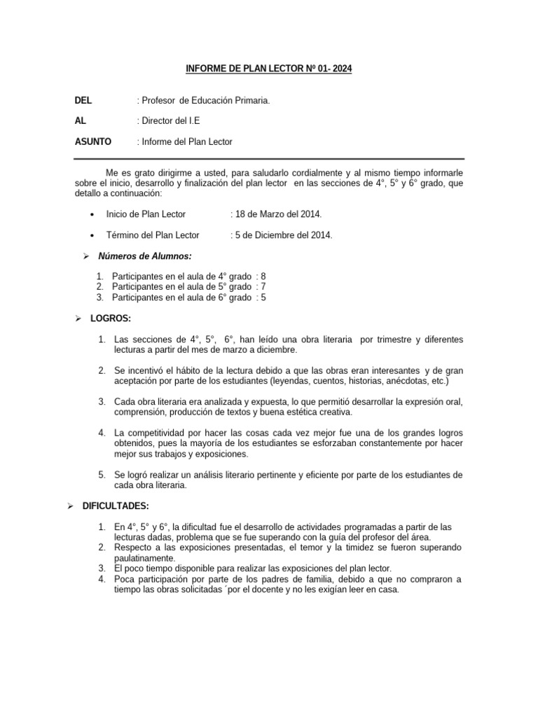 Informe de Plan Lector para Primaria | PDF
