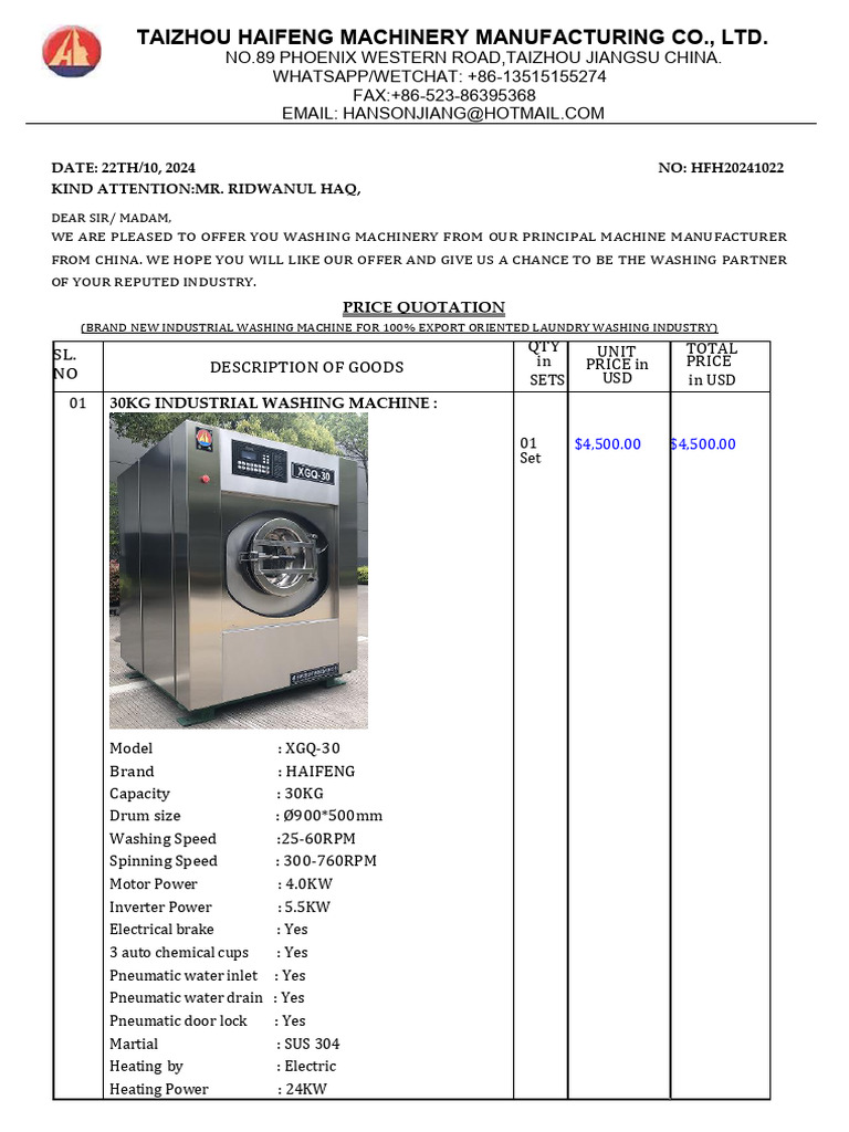 Quotation From Hanson of 30kg Industrial Washing Machine 2024-10-22 ...