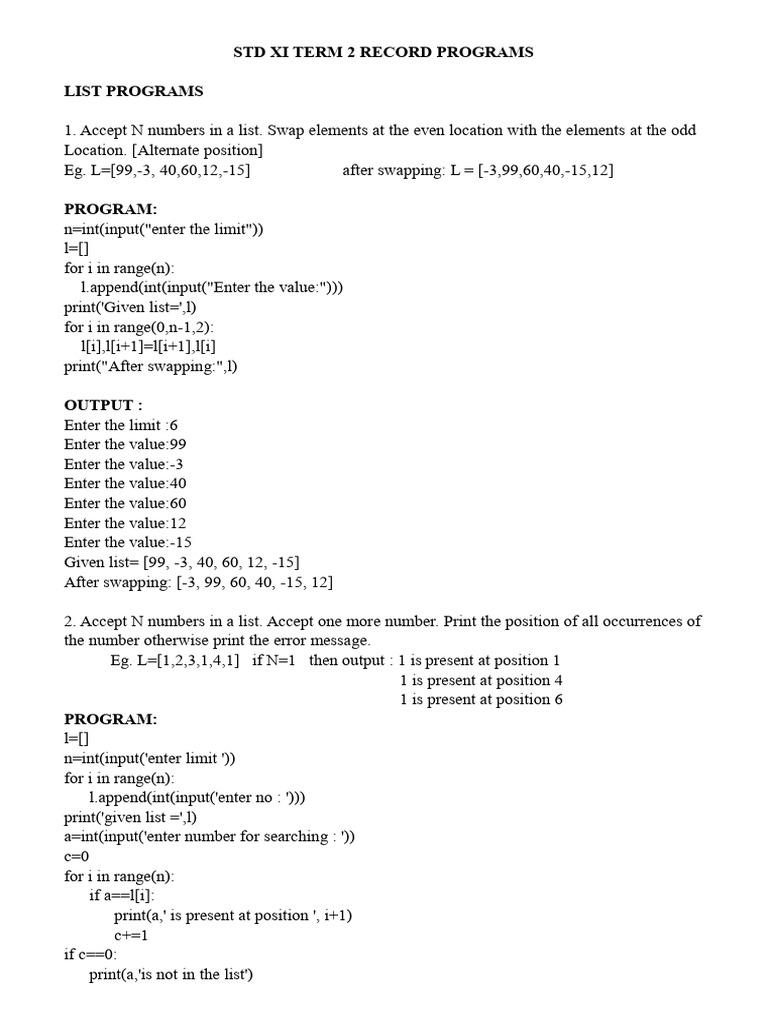Std Xi Term 2 Record Programs List Pdf Computer Programming Computing 3733