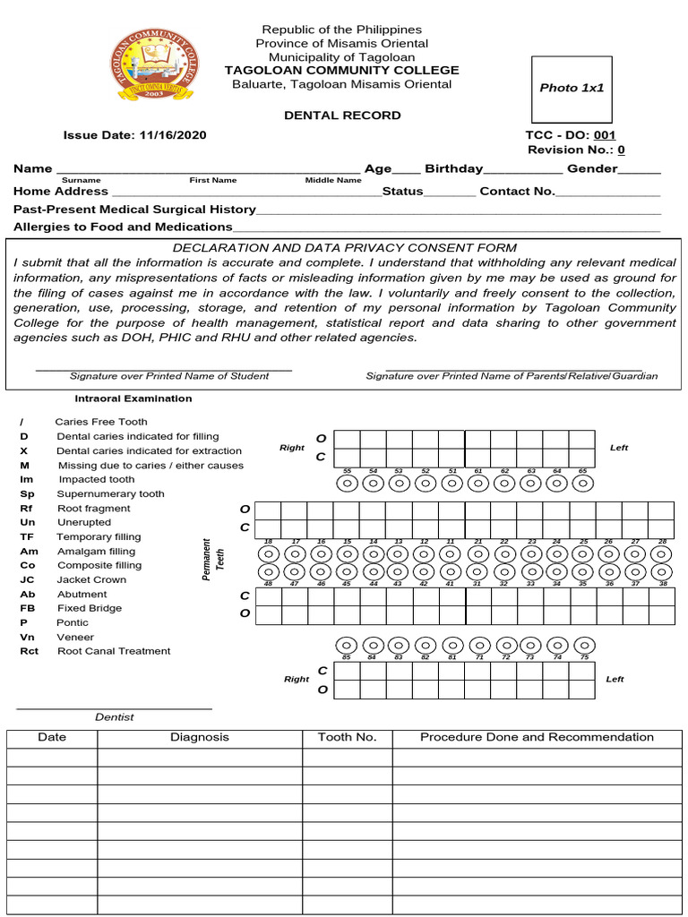 Student Dental Record Form | PDF | Dentistry | Health Care
