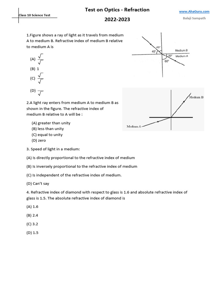 Optics Refraction Test 30-6-23 | PDF | Refraction | Refractive Index