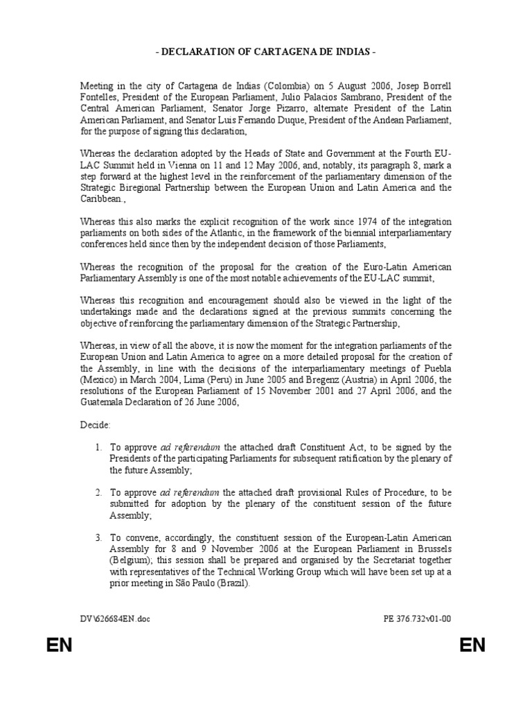 Cartagena Declaration on EU-LAC Assembly | PDF | European Parliament ...