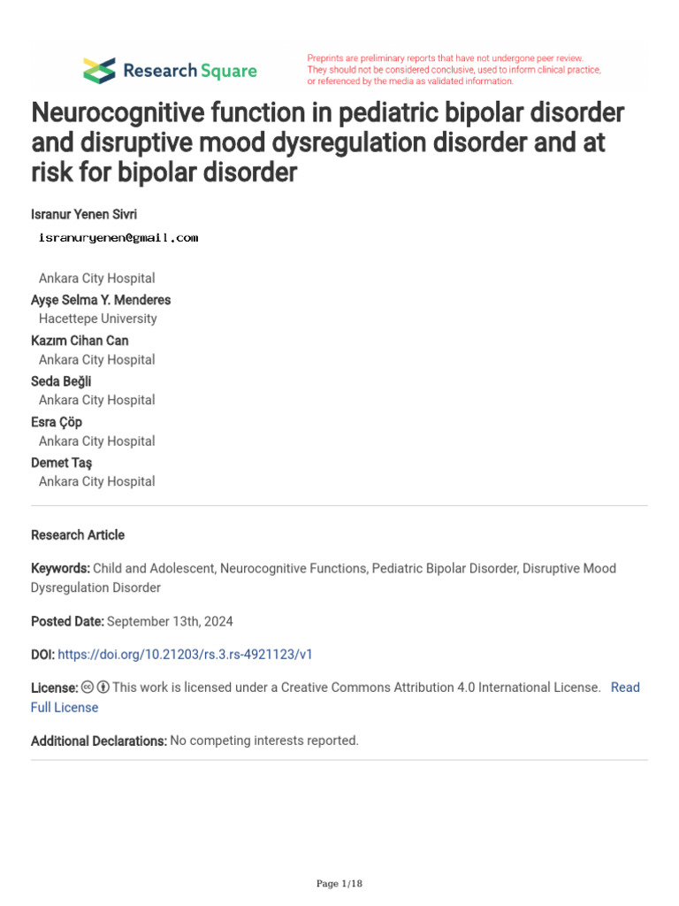 Neurocognitive Function in Pediatric Bipolar Disorder and Disruptive Mood Dysregulation Disorder ...