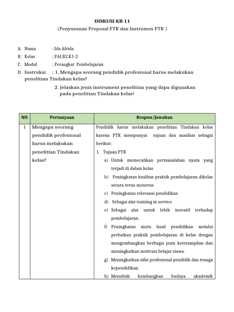 Diskusi 11 PENYUSUNAN PROPOSAL PTK - IDA AFRIDA | PDF