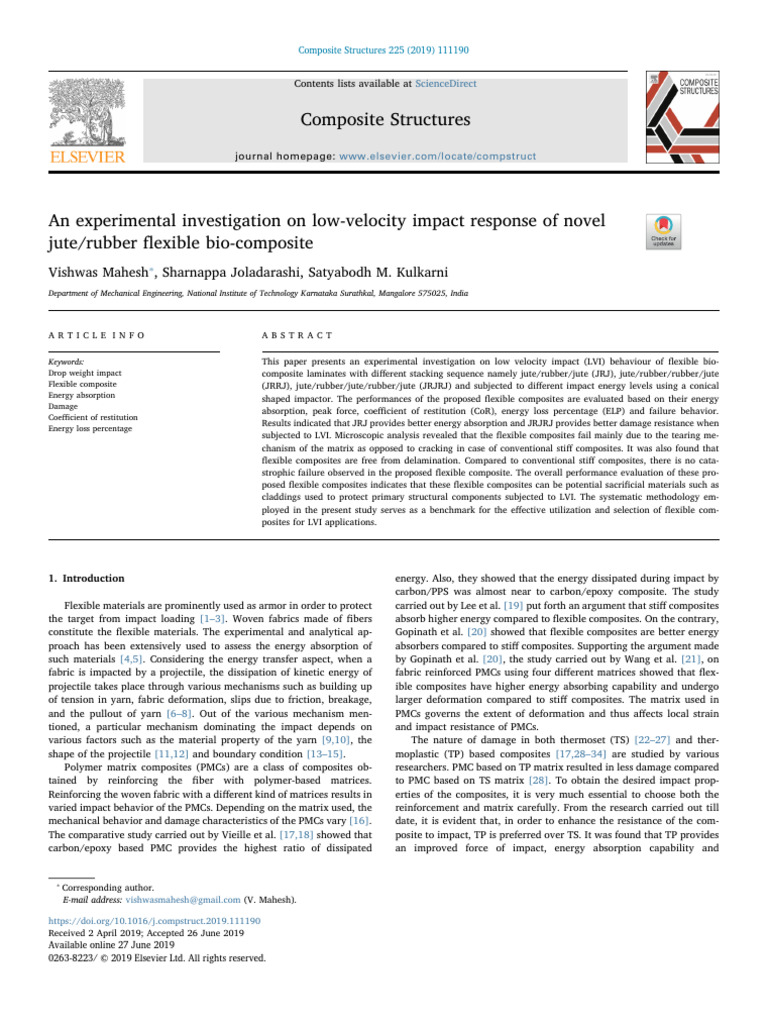 An Experimental Investigation On Low-Velocity Impact Response of Novel Jute/rubber Flexible Bio ...