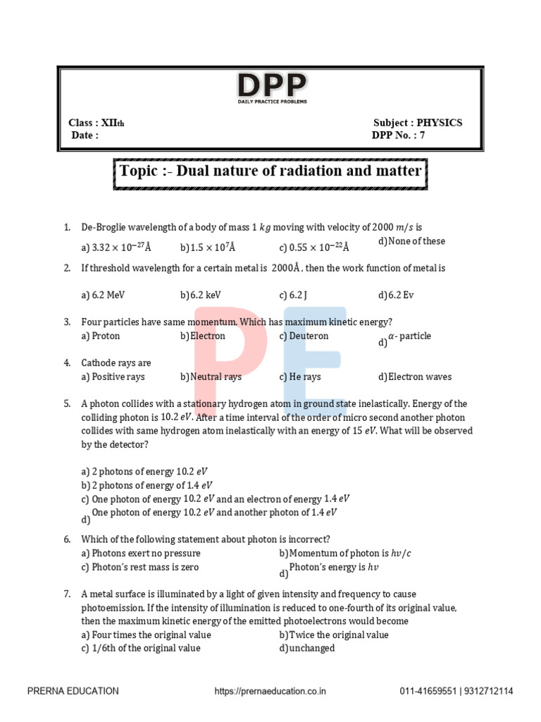 Dual Nature of Radiation and Matter Dpp7 | PDF | Photoelectric Effect ...