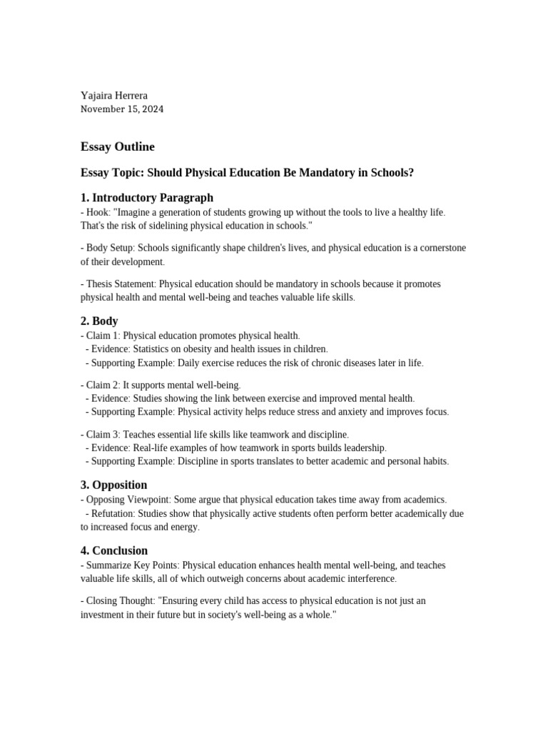 Physical Education Essay Outline | PDF