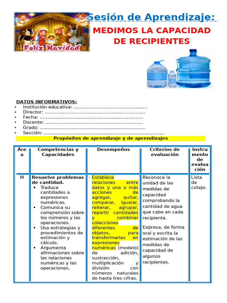 4° Sesión Día 2 Mat Medimos La Capacidad de Recipientes | PDF | Volumen ...