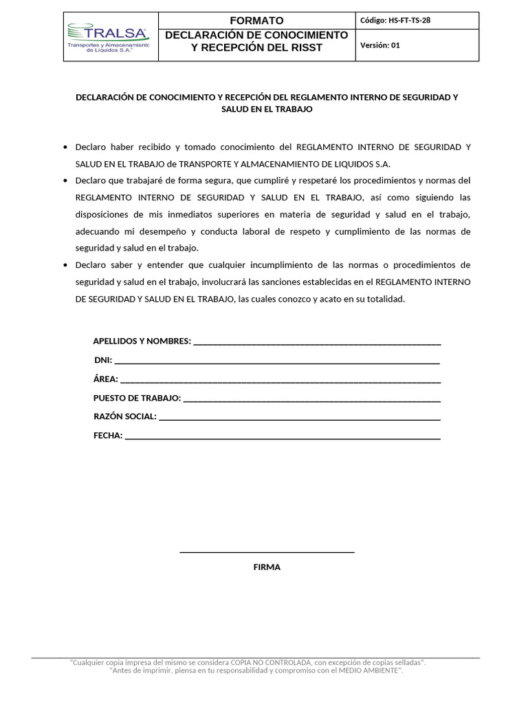HS-FT-TS-28 Declaración de Conocimiento y Recepción Del Risst | PDF