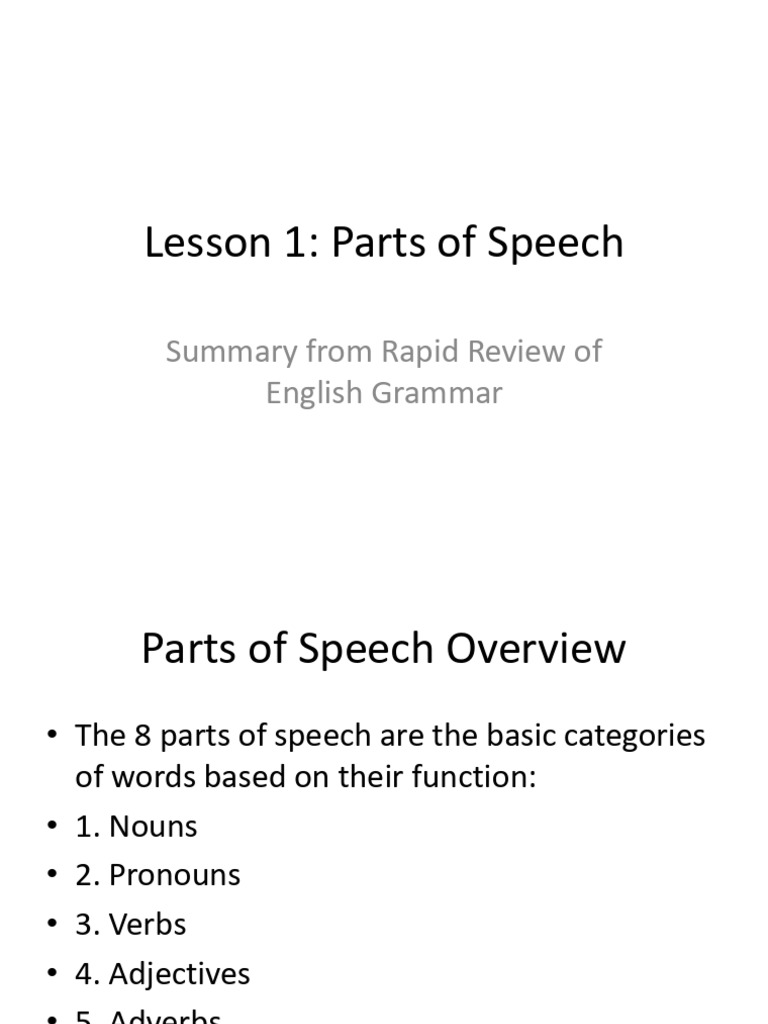 Lesson 1: Parts of Speech: Summary From Rapid Review of English Grammar ...