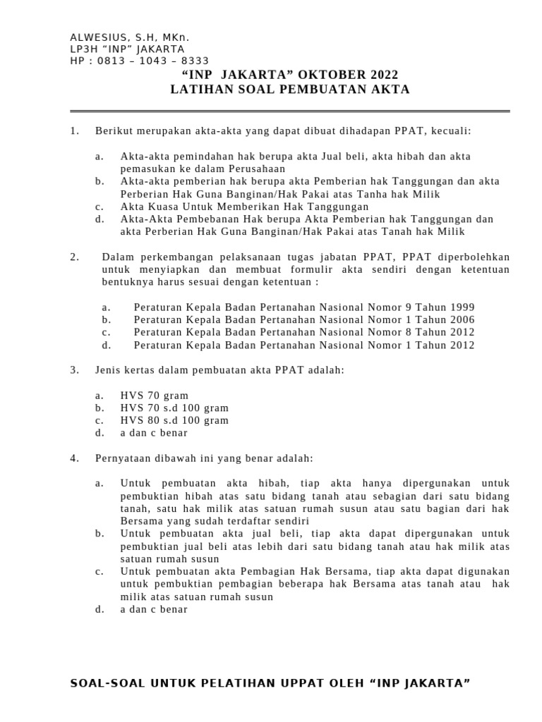 50 Soal Akta Ppat Oktober 2022 | PDF