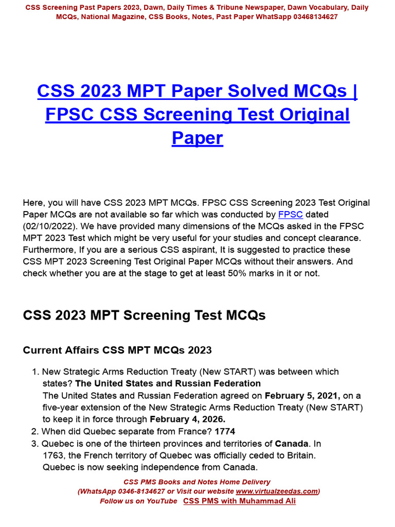 CSS 2023 MPT Paper Solved MCQs - FPSC CSS Screening Test Original Paper ...