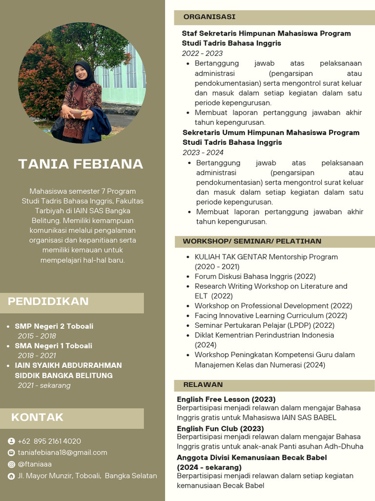 Profil Tania Febiana: Mahasiswa Aktif dan Relawan di IAIN SAS Babel | PDF