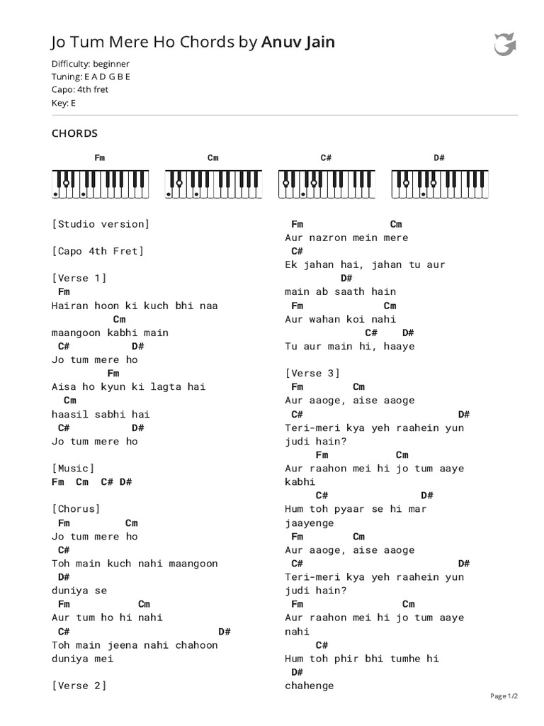 Beginner Guitar Chords: Jo Tum Mere Ho | PDF | Musical Instruments ...