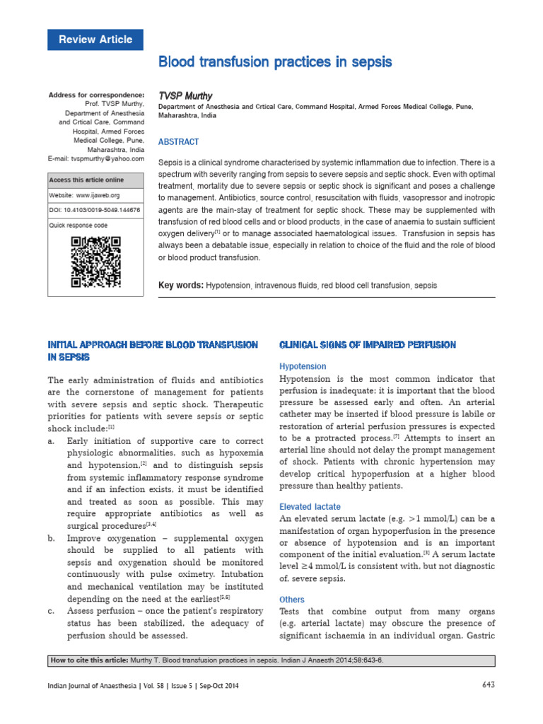 Blood Transfusion Practices in Sepsis | PDF | Sepsis | Shock (Circulatory)
