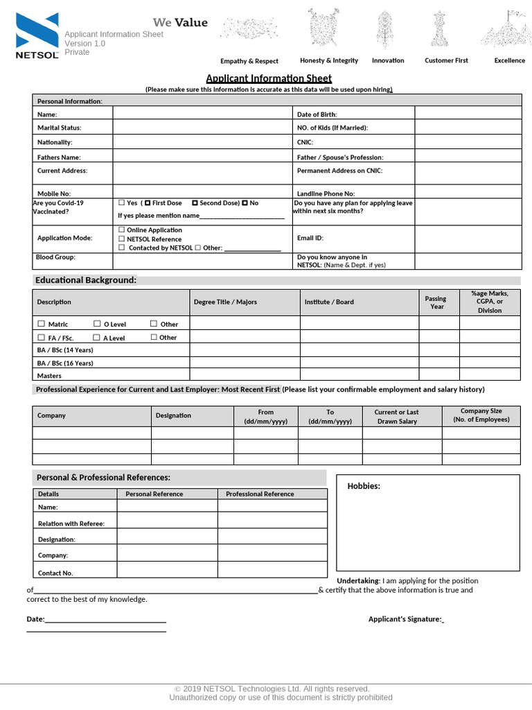 Applicant Information Sheet | PDF