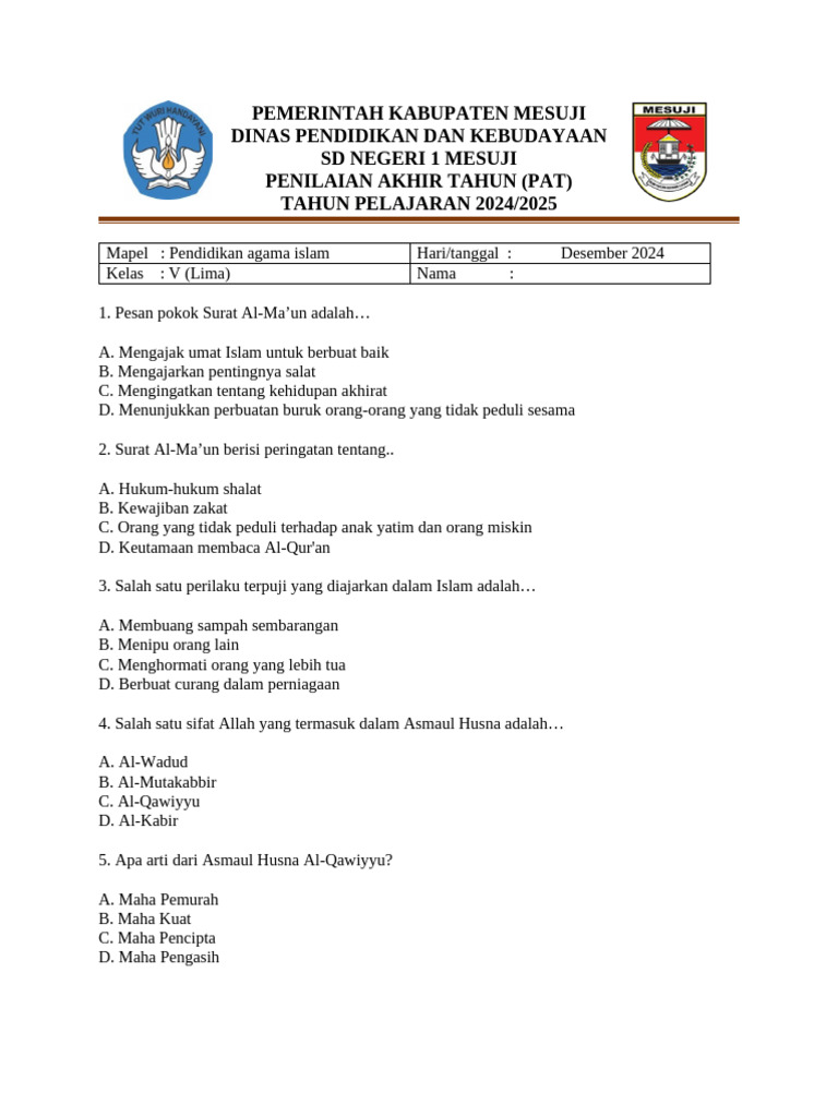 Soal Semester PAI Kls 5 | PDF