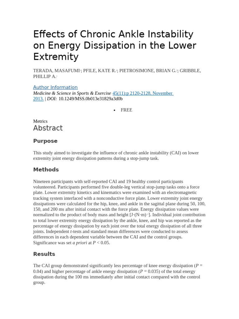 Effects of Chronic Ankle Instability On Energy Dissipation in The Lower ...