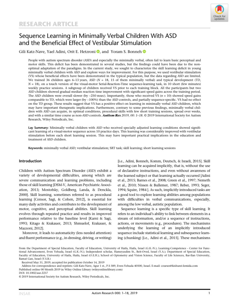 Sequence Learning in Minimally Verbal Children With ASD and The Bene Cial Effect of Vestibular ...