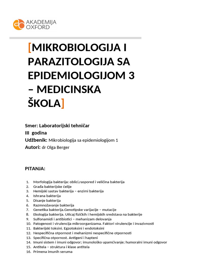 3 Mikrobiologija I Parazitologija Sa Epidemiologijom | PDF