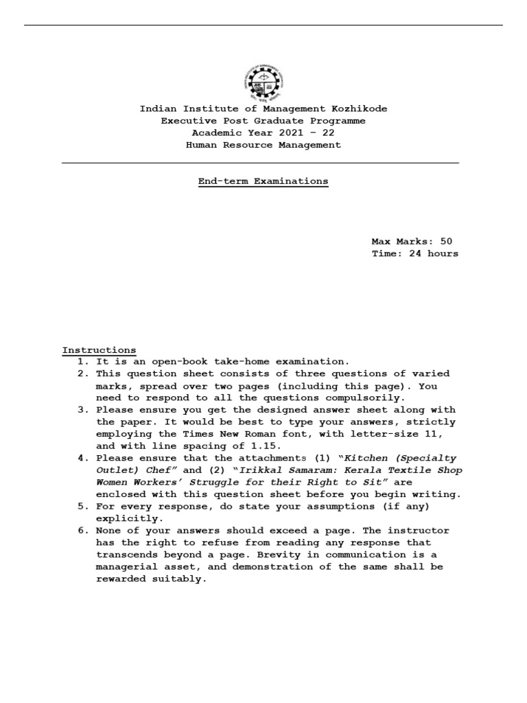 EPGP 13 End Term Exam HRM Question Paper PDF | PDF