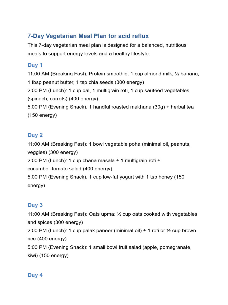 7-Day Vegetarian Meal Plan for Acid Reflux | PDF