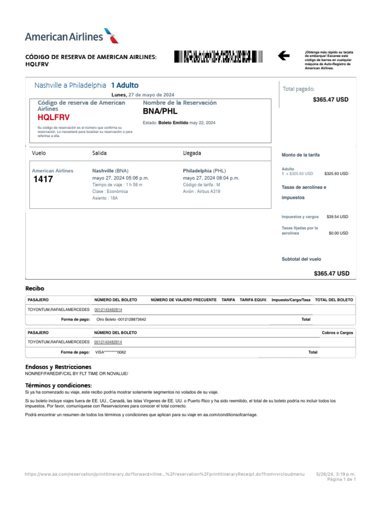 Imprimir Viaje y Recibo - Los Detalles de Su Viaje - American Airlines | PDF | aerolíneas ...