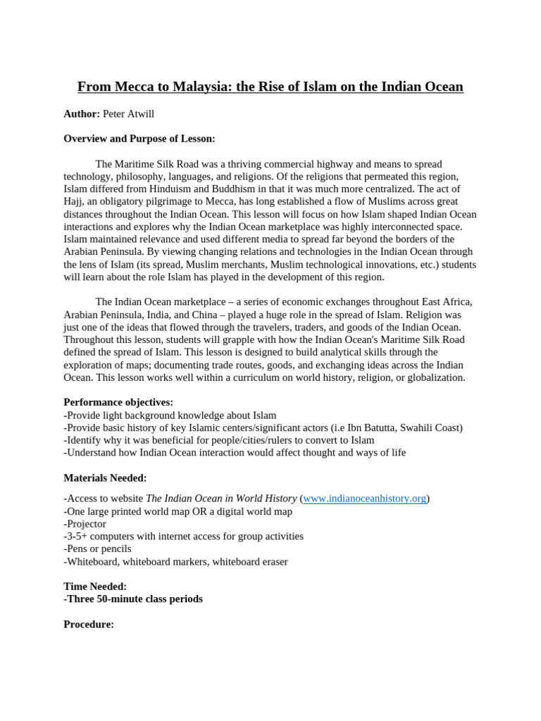 Islam on the Indian Ocean Lesson Plan | PDF | Indian Ocean | Arabian ...