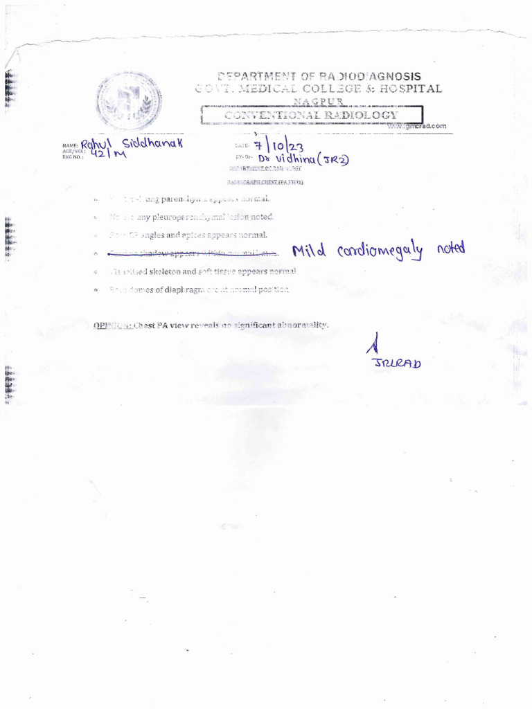 Chest X-ray Report | PDF
