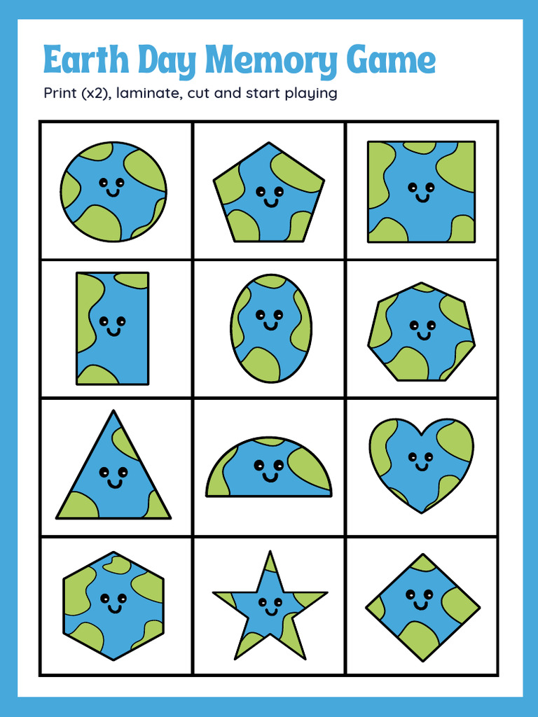Earth Day Shape Memory Game Worksheet in Blue Green Illustrative Style ...