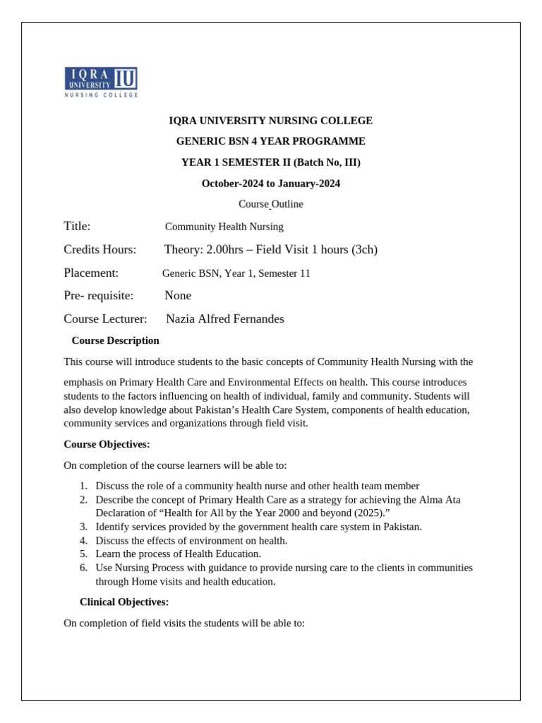 CHN Course Outline (fall 2024) | PDF | Health Care