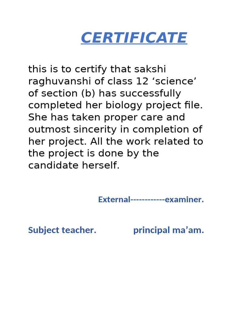 Biology Project Completion Certificate | PDF
