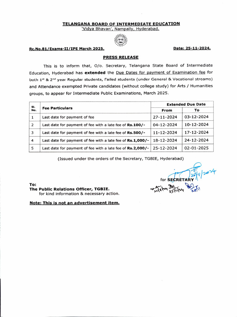 Extended Due Dates for payment of Examination fee IPE March 2025 | PDF