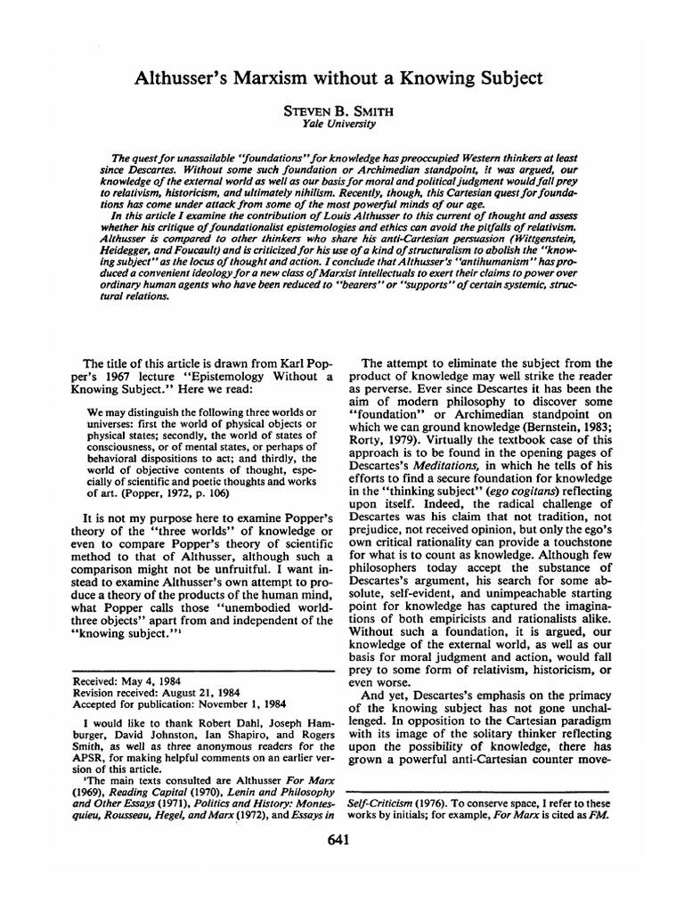 Althusser's Knowing Subject | PDF | Knowledge | Truth