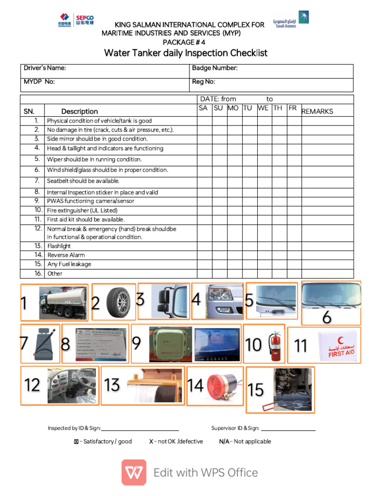 Water Tanker Daily Inspection Checklist | PDF