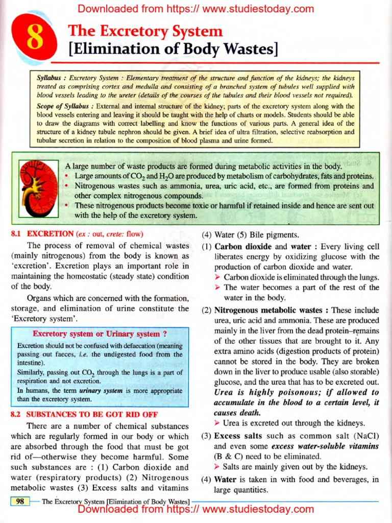 ICSE Class 10 Selina Biology Chapter 08 The Excretory System | PDF