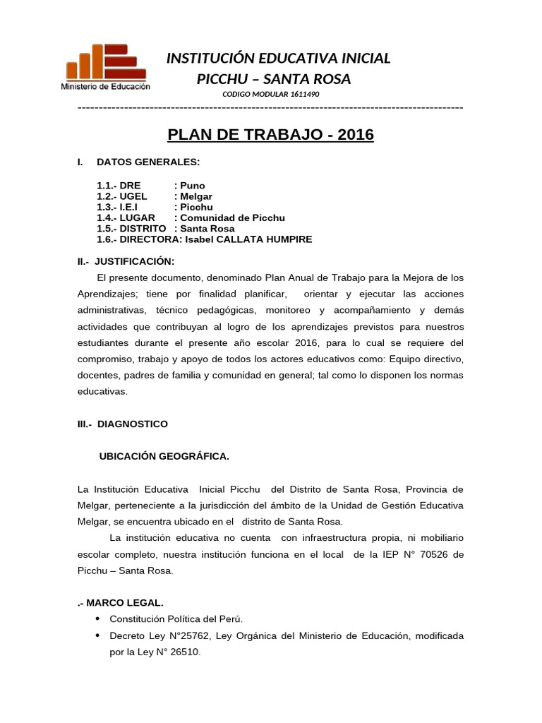 Plan Educativo 2016: IEI Picchu | PDF | Enseñando | Maestros