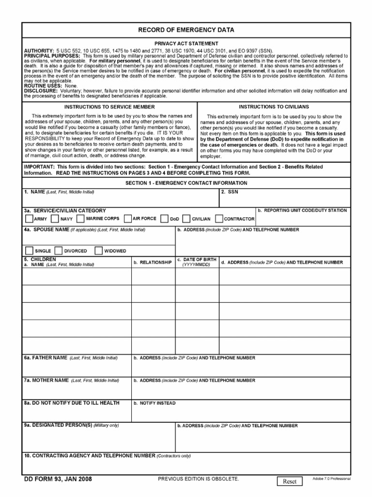 DD 93 Record of Emergency Data - DoDz | PDF