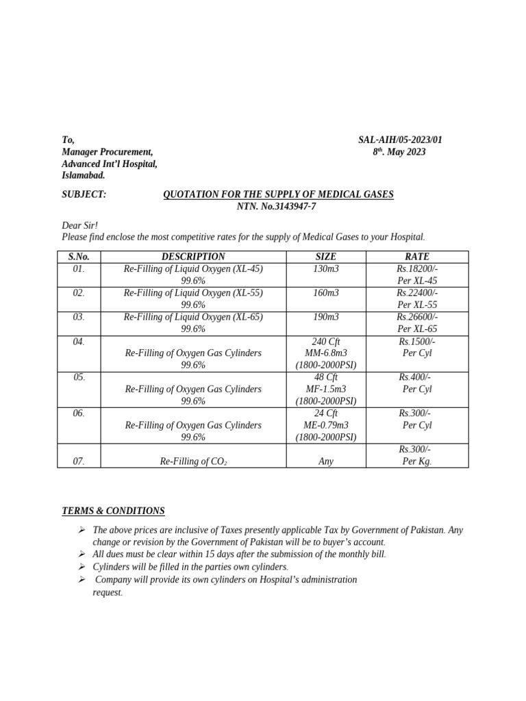 Medical Gas Supply Quotation | PDF | Gases