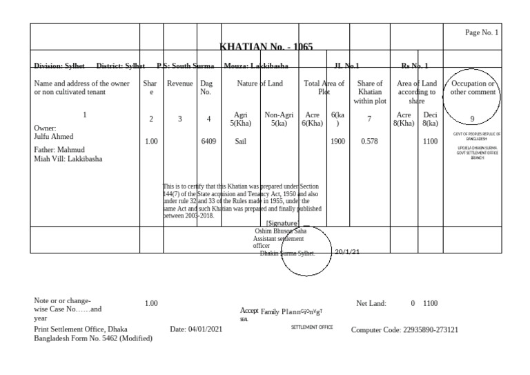 KHATIAN Porcha BANGLA TO ENGLISH TRANSLATE EDITABLE WORD FILE | PDF
