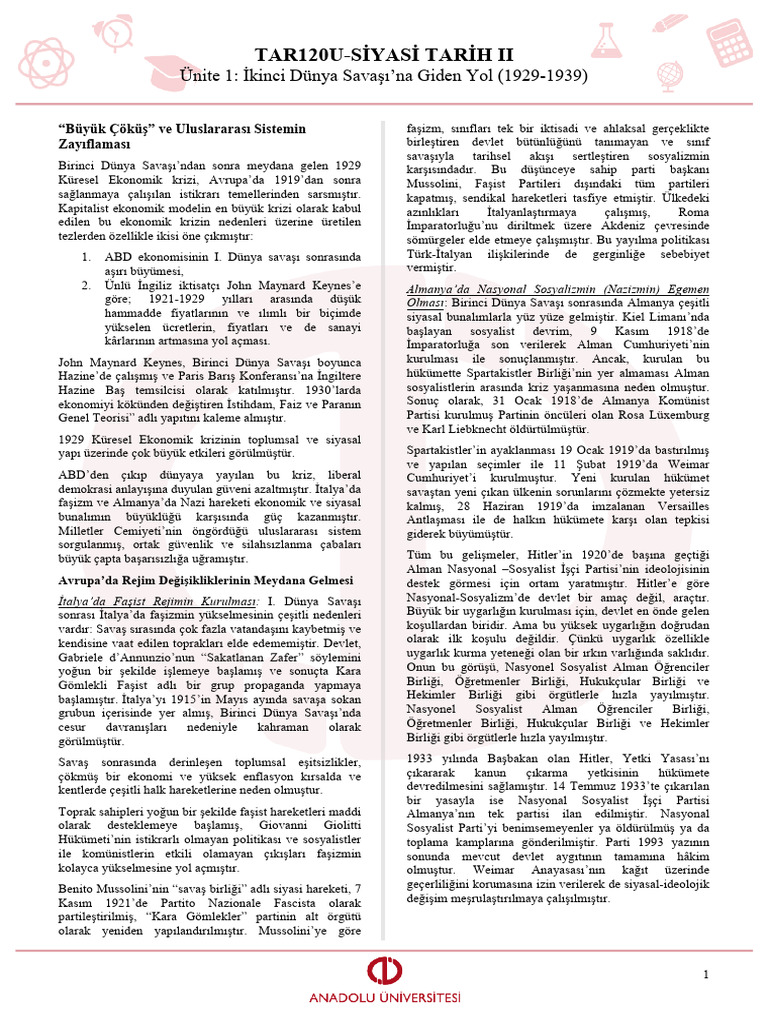 TAR120U-S YAS TAR HII: Ünite 1: Kinci Dünya Sava I'na Giden Yol (1929-1939) | PDF